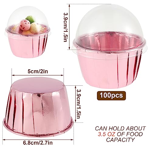 100Pcs Aluminum Foil Cupcake Cups Liner 3.5oz Non-Stick Mini Baking Cups Heat-Resistant Small Muffin Pie Liner with Lids and Spoons Reusable Dessert Cake Container for Home Kitchen (Rose Gold)