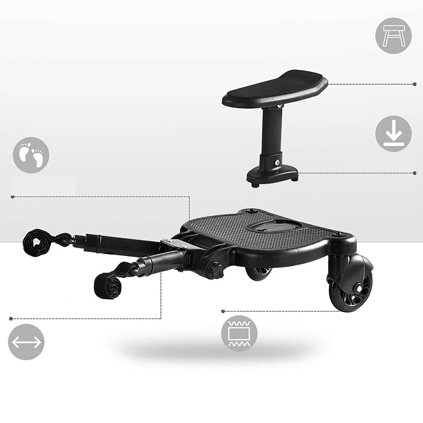 DENESTUS Baby Stroller Glider Board,Universal Stroller Ride Board with Detachable Seat and Auxiliary Pedal Holds Kids Up to 55 LBS,All Wheels Suspension