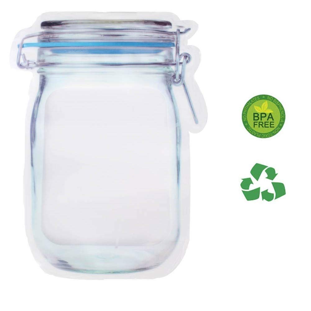 10Pcs Mason Jar Pattern Food Storage Bag Reusable Portable Stand Up Smell Proof Ziplock Bags Snack Saver Container Retail Package Bag Frosted Pouches Blue 9.6×6.7in (24.5×17.5cm)