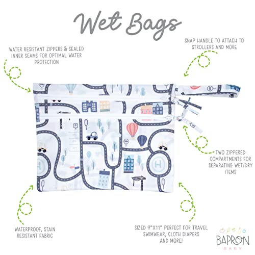 BapronBaby Tiny Town Wet Dry Bag - Waterproof Two Zipper Pockets - Reusable for Mealtime, Diapers, Stroller, Snacks, Swimsuits - Machine Washable - 11" x 9"