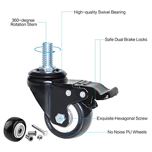 2" Stem Caster Wheels Heavy Duty Threaded Swivel Caster Wheel No Noise Swivel Castors for Trolley, Workbench, Furniture, 440 Lbs Load Capacity Set of 4 (2 with Brake & 2 Without)