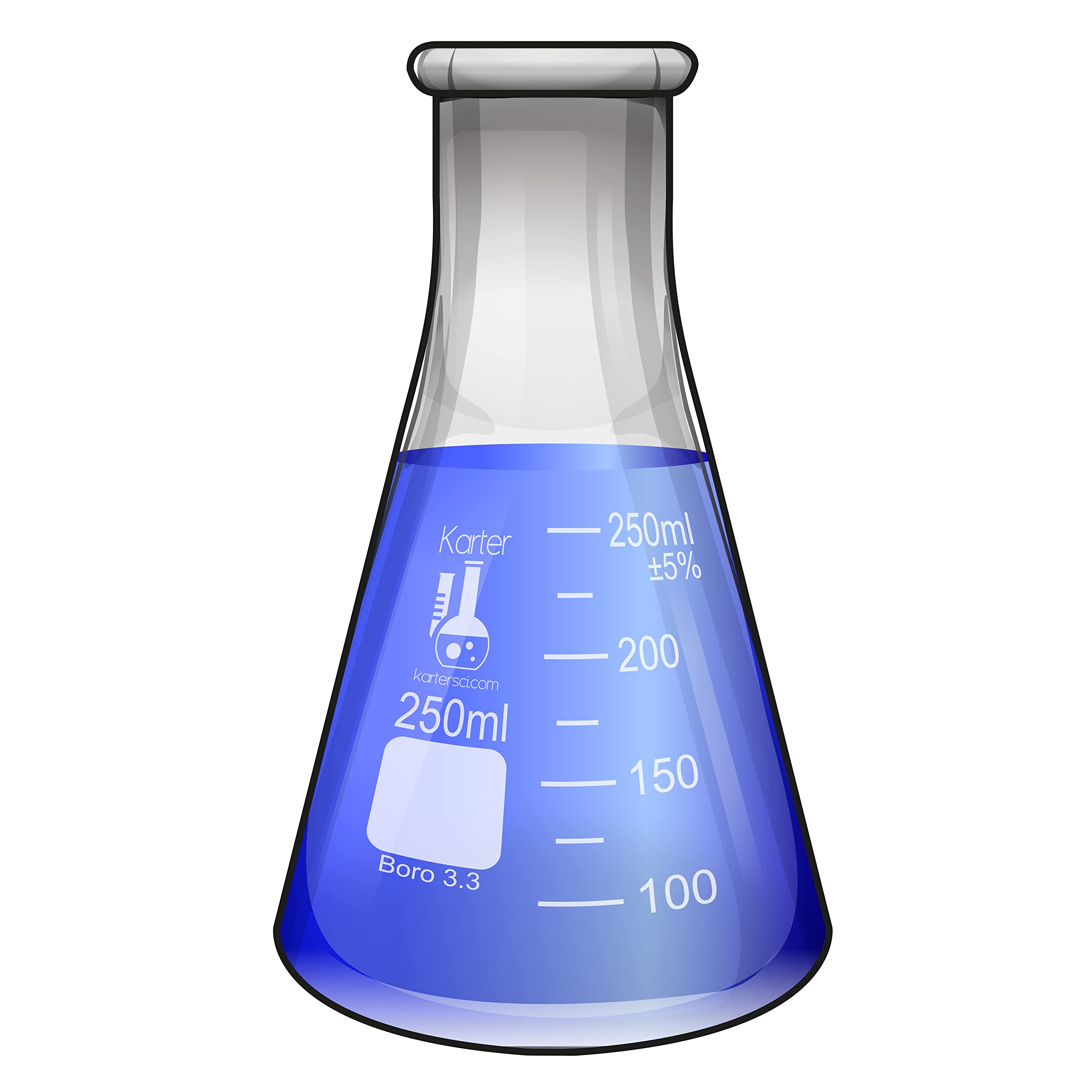 250ml Narrow Mouth Erlenmeyer Flask, 3.3 Borosilicate Glass, Karter Scientific 213G28 (Single)
