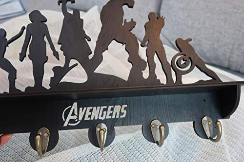Awesome Avengers Superheroes Wall Mounted Wooden Key Hook Coat Rack,Farmhouse Mounted Coat Rack and Upper Shelf for Storage,with 5 Dual Vintage Durable Metal Hooks
