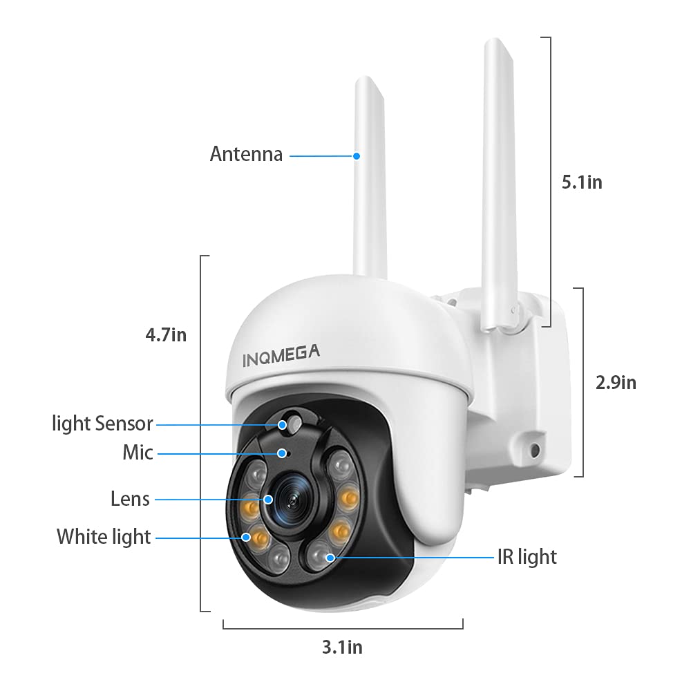 INQMEGA TUYA PTZ Camera Outdoor, 3MP Security Home Surveillance Camera with 2.4G WiFi, Waterproof IP Wireless Camera, Color Night Vision,Two-Way Audio, Motion Detection, Cloud & SD Card