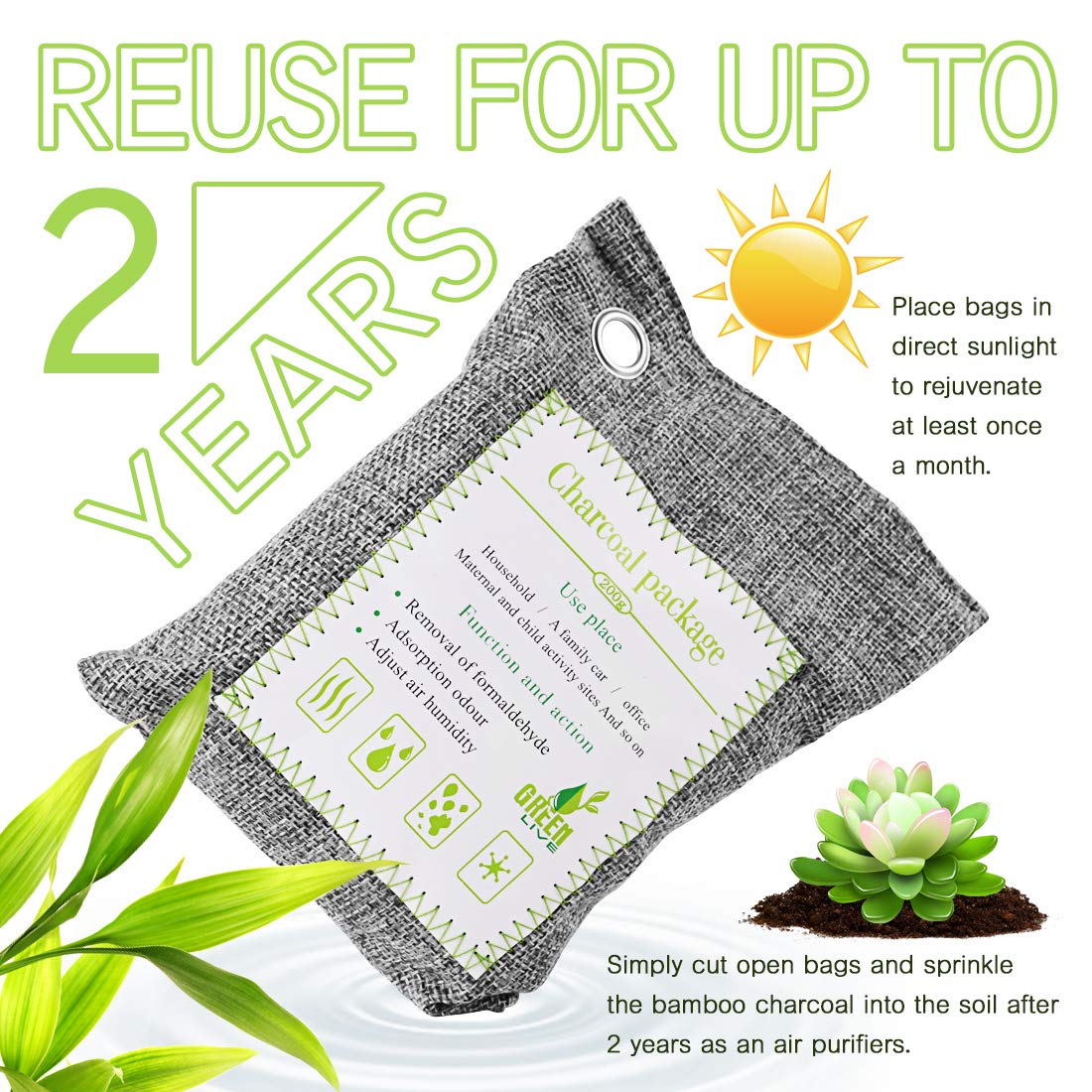 10PCS Bamboo Charcoal Air Purifying Bags with 5 Hanging Hooks