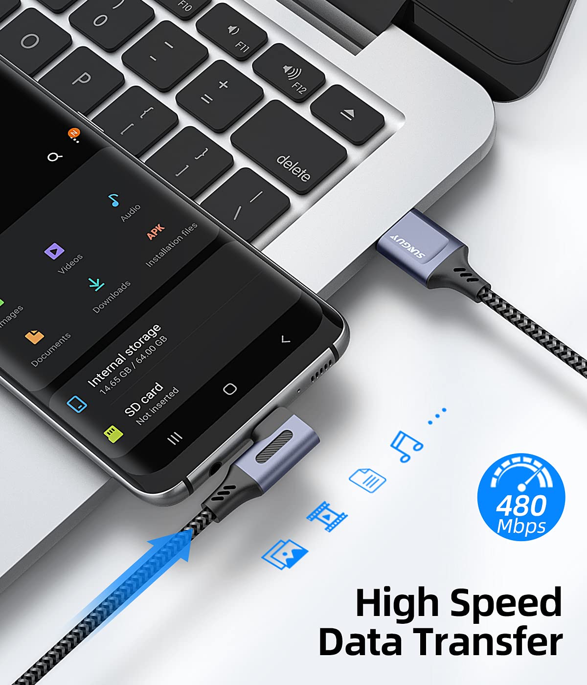 SUNGUY 2-Pack 1FT Right Angle USB A to USB C Charger Cable, Braided 3A Fast Charging & Data Sync 90 Degree USB 2.0 Type C Cable Compatible with Galaxy S20 S10 S9 Plus and More
