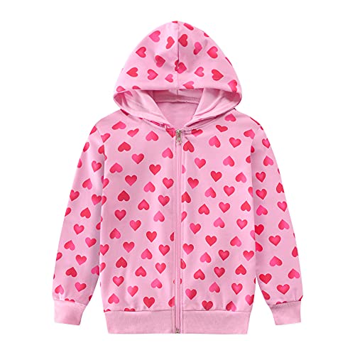 FEDPOP Kids Girls Zip-up Jacket Toddler Hoodies Long Sleeve Heart Print Hooded Sweatshirt Cute Sweater Cotton Tee Shirt Top Fall Winter Clothes Valentine's Day Shirts for Girls Size 7