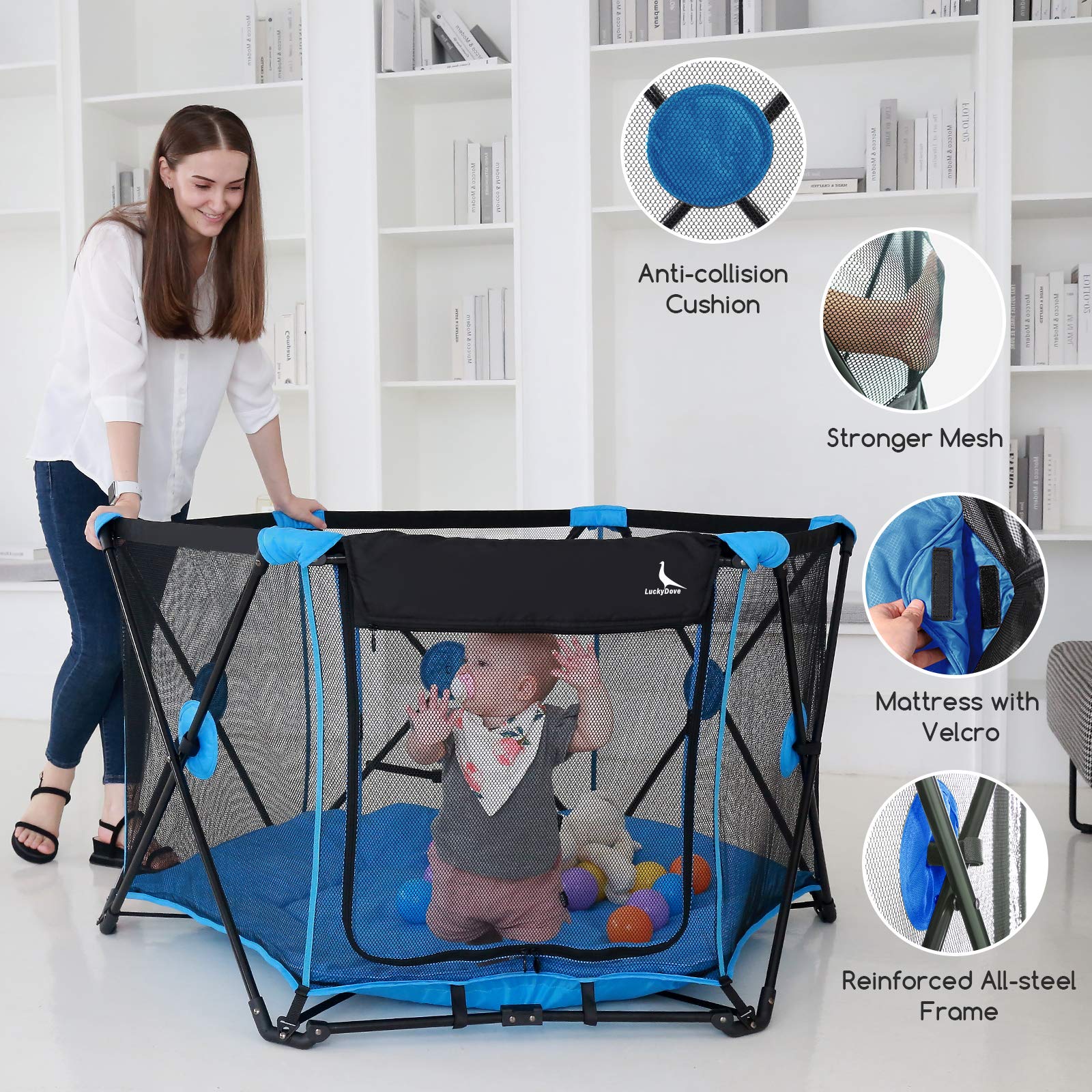 LuckyDove Portable Playpen for Innfants and Toddlers,Portable Play Yard for Baby with Padded Floor,Kids Activity Centre,Baby PlayPen with Carrying Bag,Washable,Foldable.Size:53"Wx 30"H(Blue)