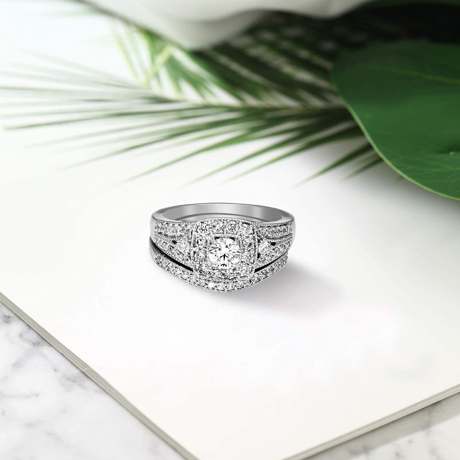 1.03Ct Round Diamond Engagement Wedding Ring Set Sterling Silver Size 7