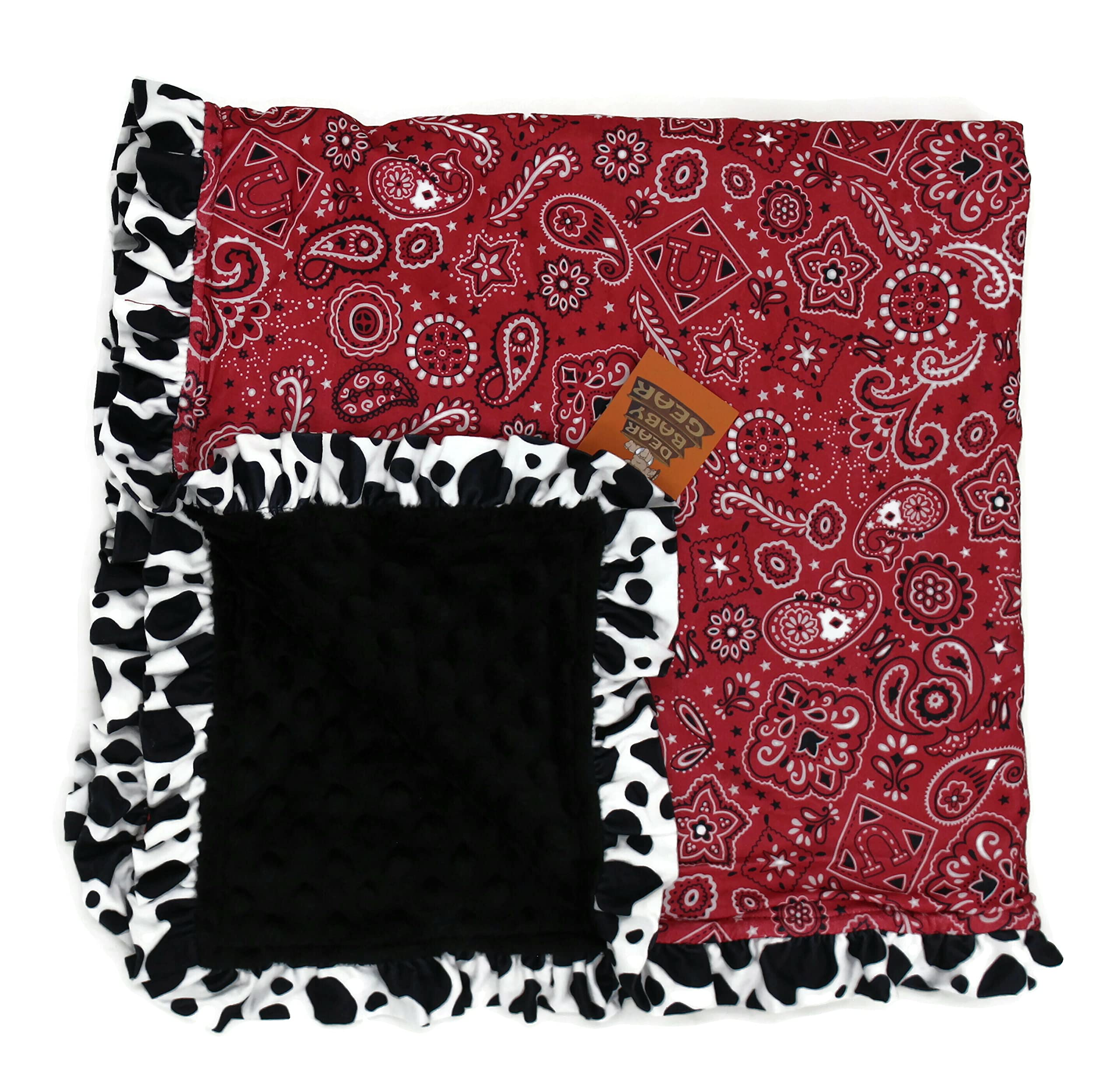 Dear Baby Gear Farm Deluxe Baby Blanket - Reversible, Milestone & Newborn Gifts for Girls and Boys - Red Handkerchief Blanket with Black Dot and Cow Print Ruffle - 33 x 33 Inches