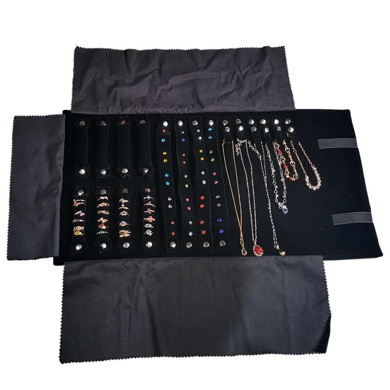 LFHT Velet Travel Jewelry Case Roll Bag Organizer for Necklace Bracelet Earrings Ring, Foldable Jewelry Display Showcase for Shows or Home Storage (Black)