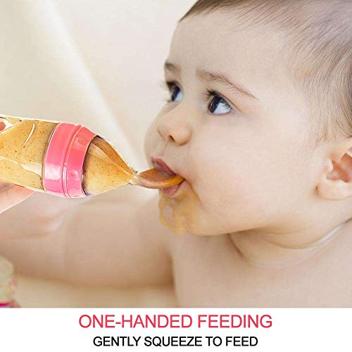 Baby Mate 4oz & 3oz Silicone Baby Food Dispensing Spoon Combo (Pink, Ideal for 4 Months+ Babies) FDS - Infant Feeders for Cereal and Baby Food - Silicone Squeeze Feeder with Spoon - Solid Feeding