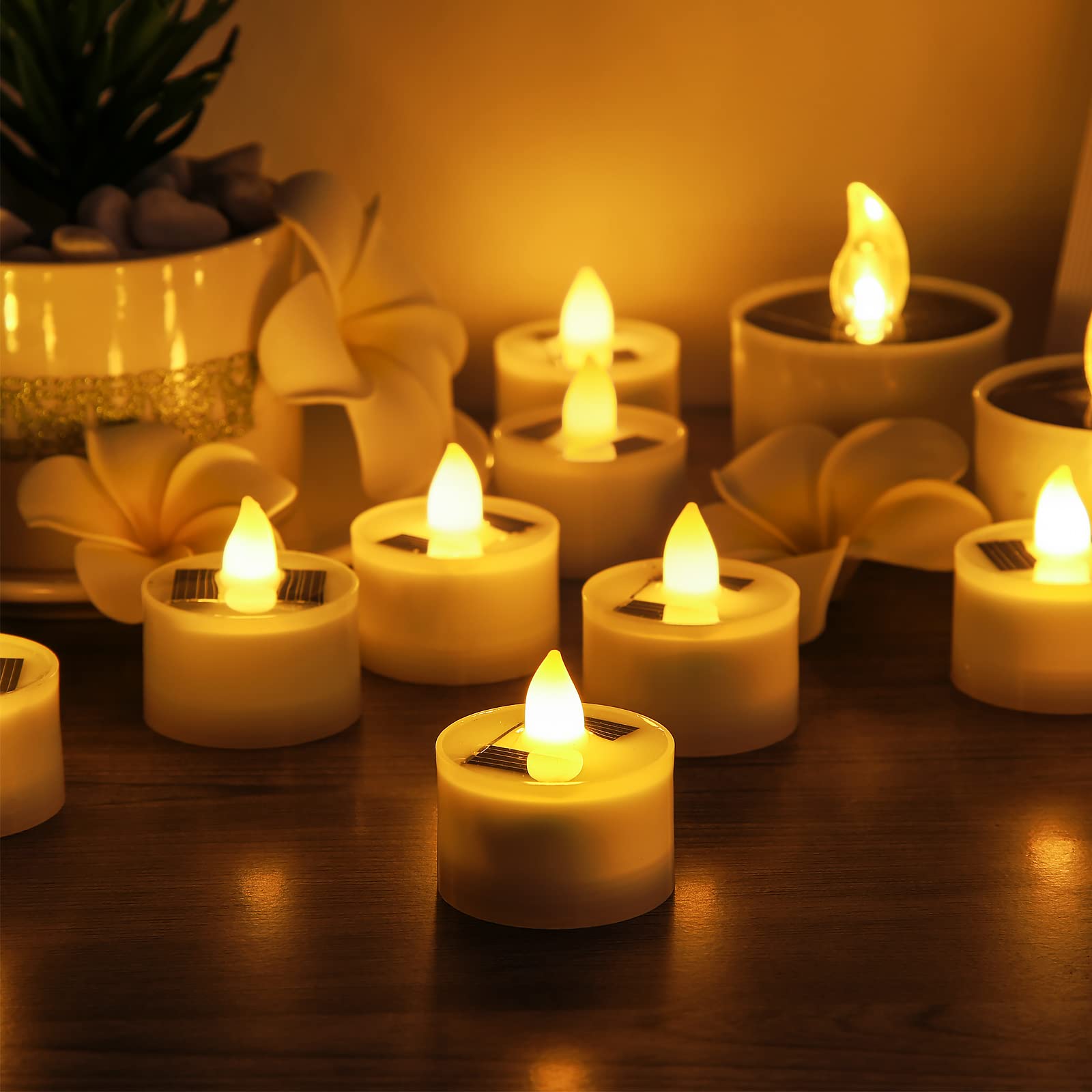 18 Pieces Solar Tea Lights LED Flameless Solar Candles Battery Flickering Solar Waterproof Tealights Candles for Holiday Wedding Party Home Decor (Warm White Light,2.3 x 2 Inch)