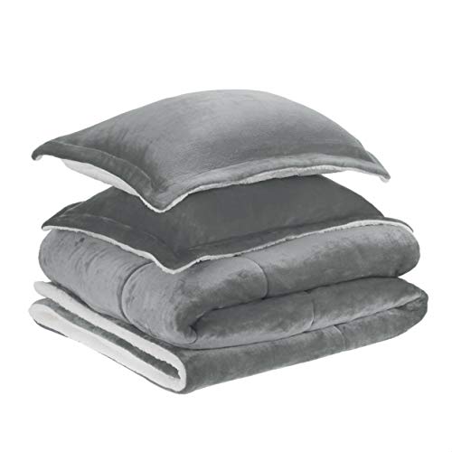 Amazon Basics Ultra-Soft Micromink Sherpa Comforter Bed Set - Charcoal, King & Down-Alternative Pillows, Soft Density for Stomach and Back Sleepers - King, 2-Pack