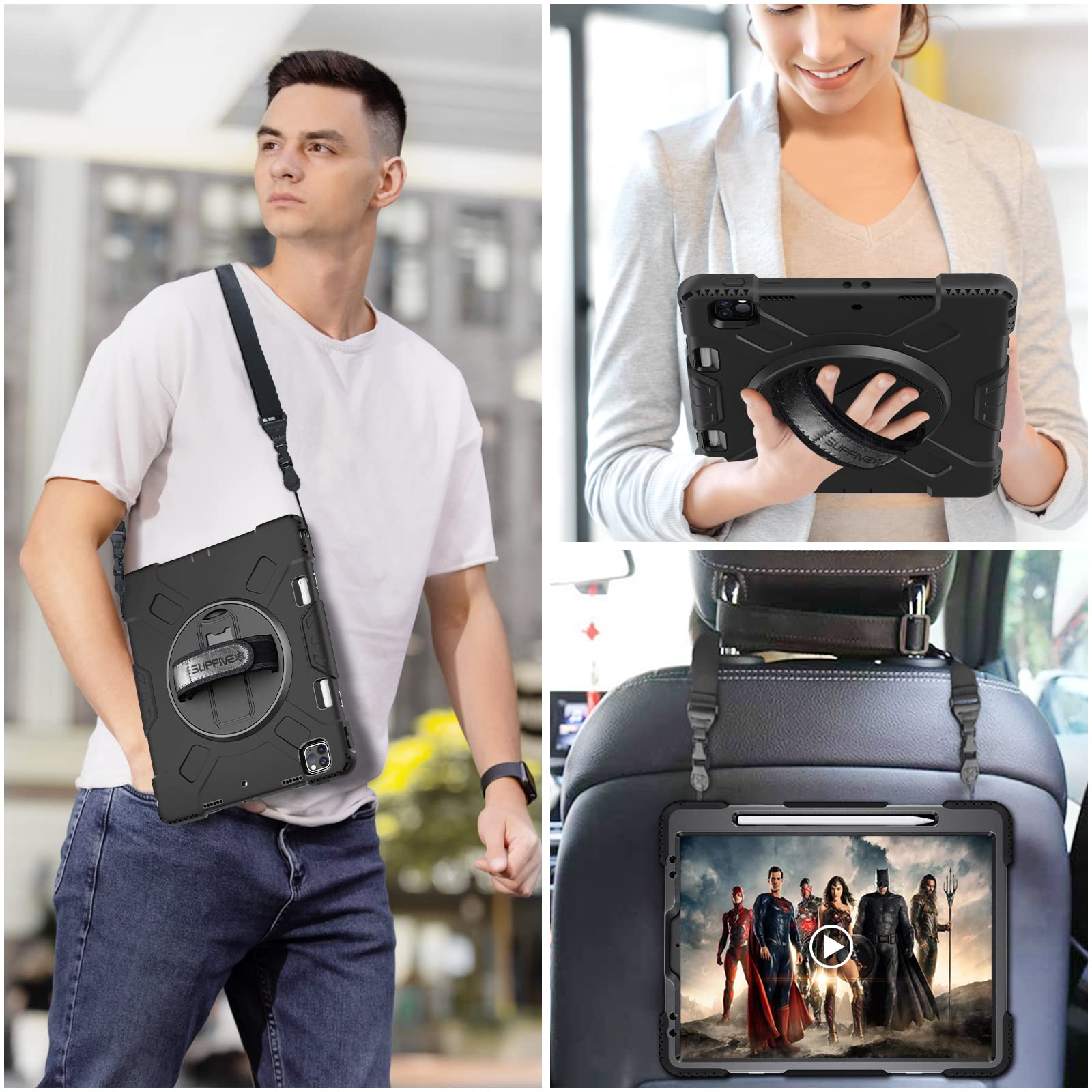 SUPFIVES Case for iPad Pro 12.9 2022 6th Generation: Upgraded Military Grade Shockproof Protective Silicone Cover for iPad 12.9 Inch 5th Gen 2021-Pencil Holder-Handle-Shoulder Strap-Kick Stand-Black