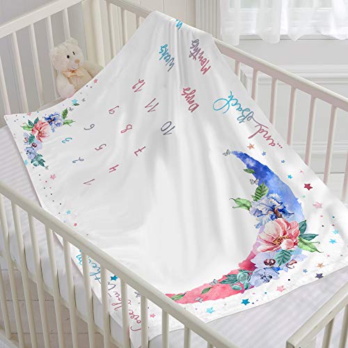 Baby Milestone Blanket Girl Monthly Age Blanket Moon Soft Infant Monthly Milestone Blanket Boy Baby Shower Blanket Includes Headband Wreath Frame 50"x40"