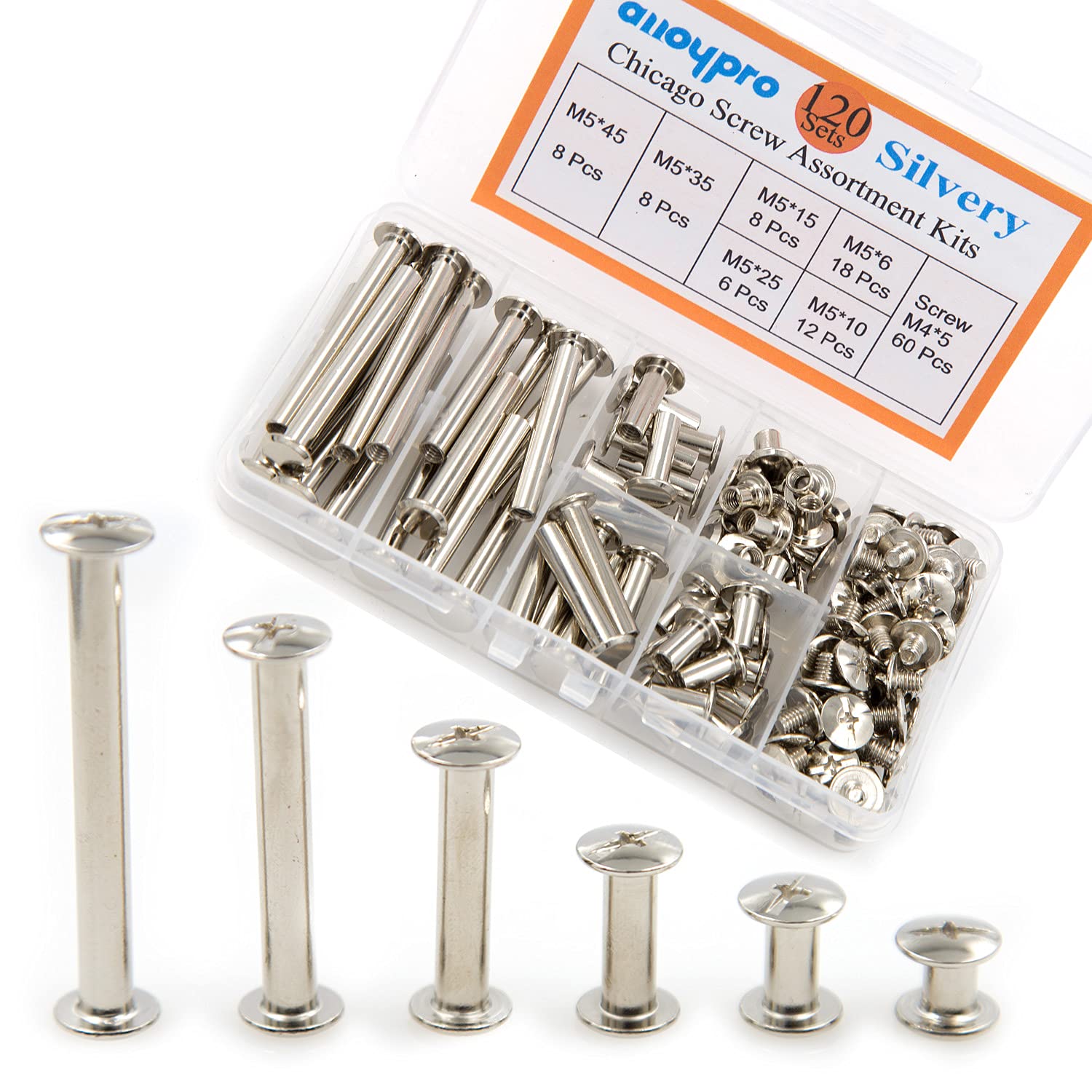 Alloypro 120 Pcs (60 Pair) M5 x 6/10/15/25/35/45 Silvery Phillips Chicago Screws Binding Screw Posts,Scrapbook Photo Albums Binding Screws Assorted Kit 6 Sizes for Leather Saddles Purses Belt Repair