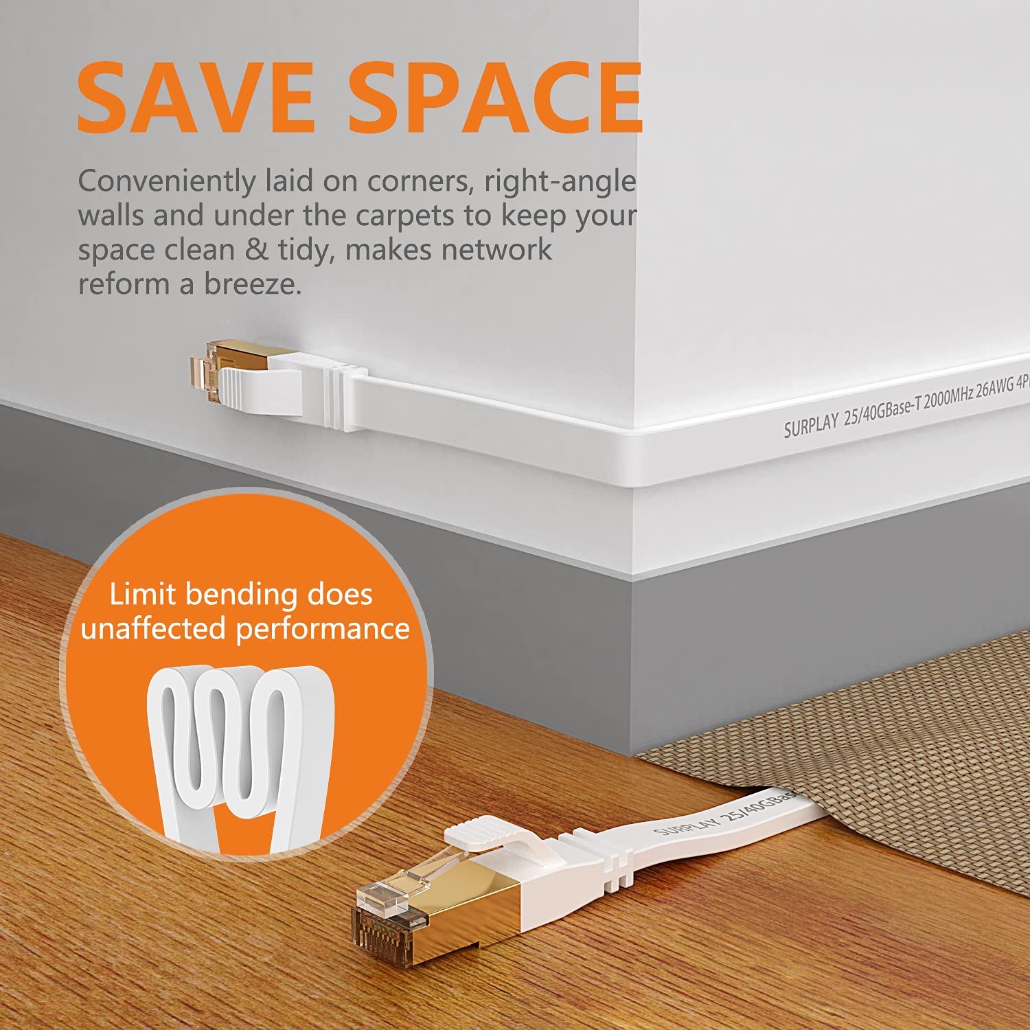 Surplay Cat8 Ethernet Cable 15FT-White-40Gbps-2000Mhz,High Speed Outdoor&Indoor Flat Cord,Gold-Plated RJ45 Double Shielded with Ground Wire & Cable-Tie for PS5/4,Xbox,TV,Router,PC,NAS