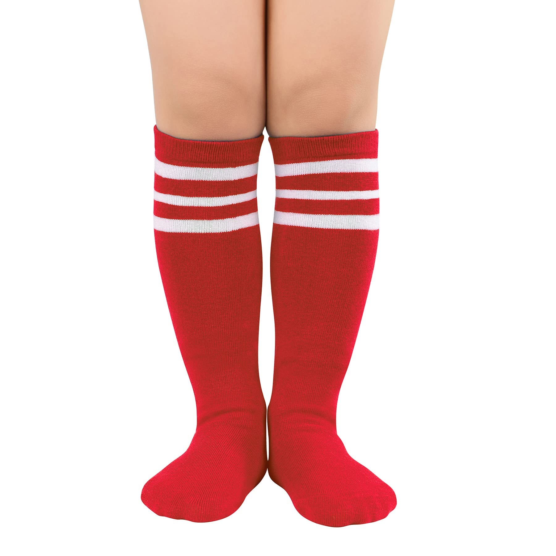 Zando Girls Soccer Socks Kids Cotton Baby Socks Warm Knee High Socks Toddler Girl Uniform Socks School Football Team Socks Youth Long Tube Socks Athletic Warm Socks Red White Striped One Size