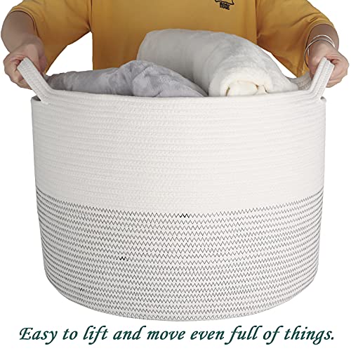 NIACONN XXLarge Laundry Basket 20" X 20" X 13.8" Round Woven Baby Laundry Hamper with Handle Cotton Rope Storage Baskets for Clothes Blanket & Toy Storage(White)