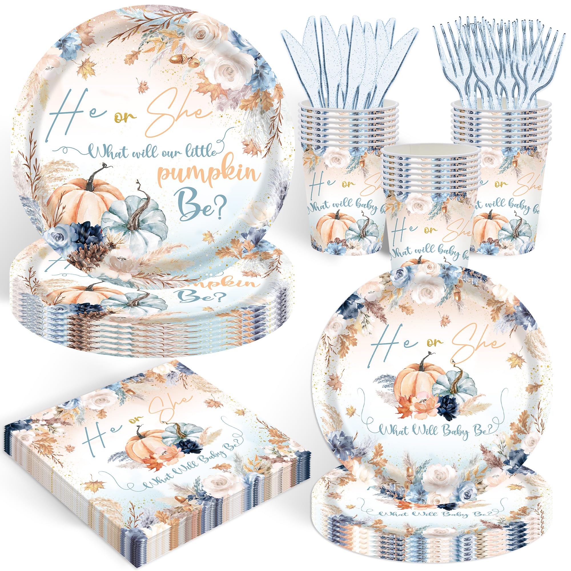 120PCS Autumn Pumpkin Gender Reveal Party Supplies for Boys or Girls Fall Baby Shower Pink Blue Watercolor Floral Tableware Set Cake Table Decor Thickened Disposable Plates Napkins Cups for 20 Guests