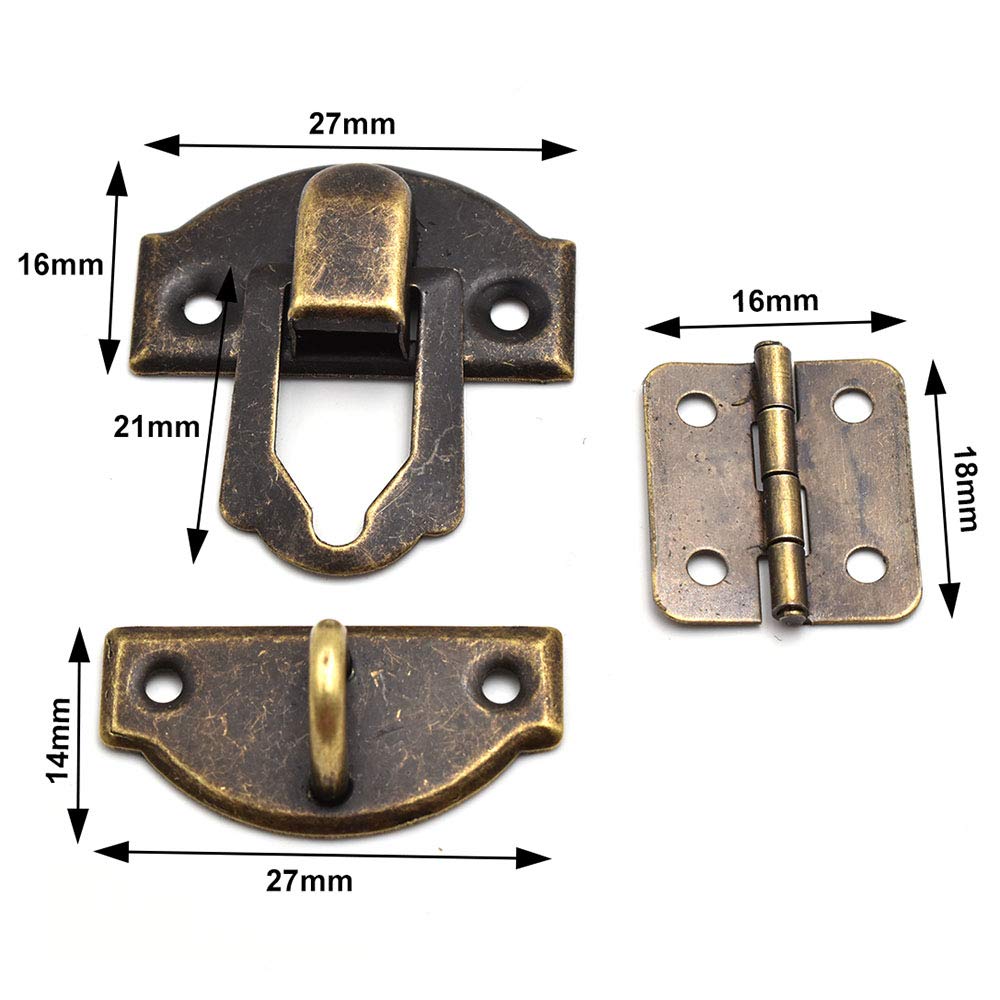 27 X 30mm Antique Bronze hasp Latch and Mini Box Hinges, Mini Decorative Lock Buckle with Screws for Jewelry Wooden Box and DIY Crafts(2 Sets)