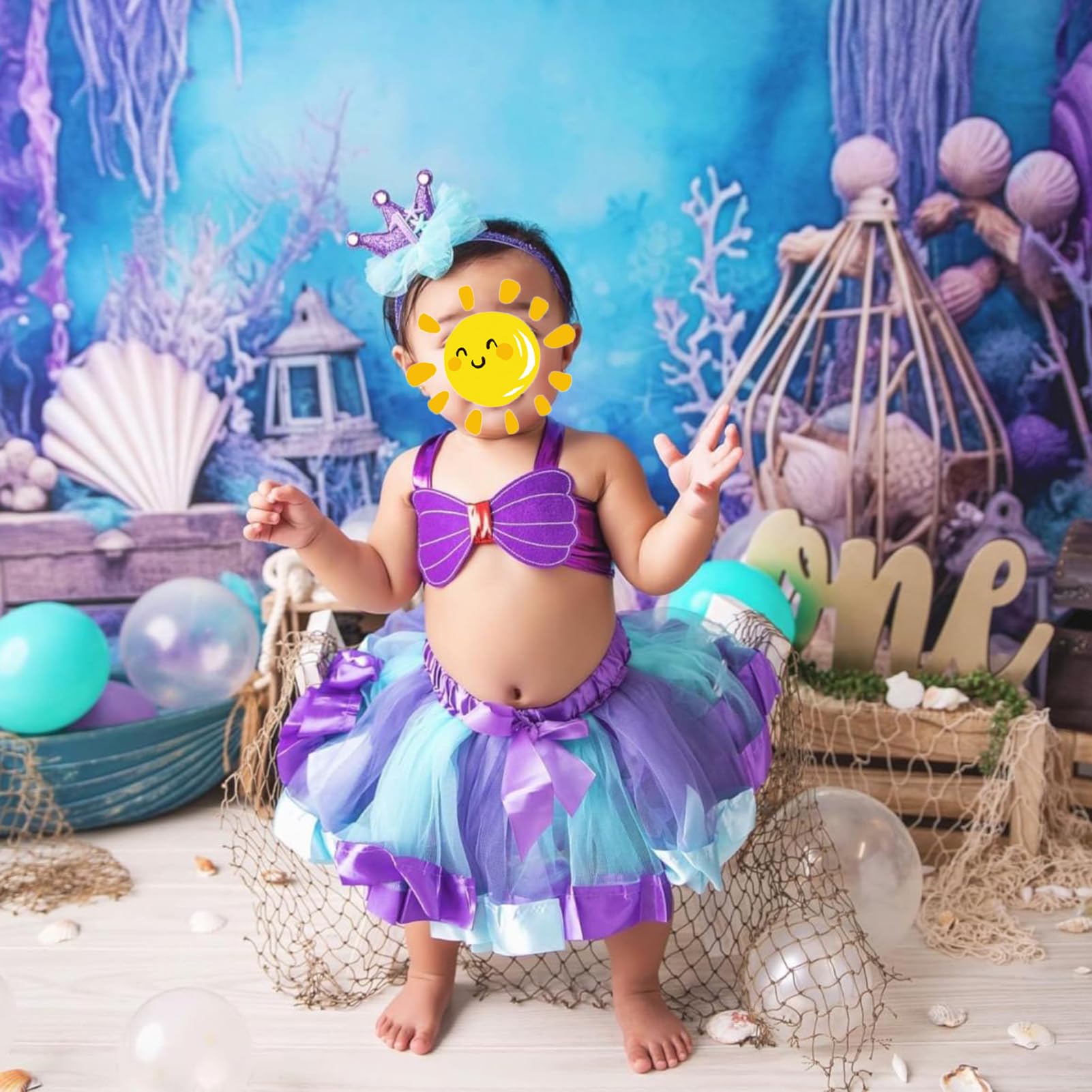 First 1st Birthday Girl Outfit Baby Mermaid Party Tutu Skirt with One Crown Headband