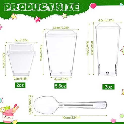150 Pack 5.6, 3, 2 oz Mini Square Dessert Cups with Lids and Spoons Clear Plastic Parfait Cups Disposable Appetizer Cups Small Dessert Shooter Cups for Serving Party Pudding Fruit and Ice Cream
