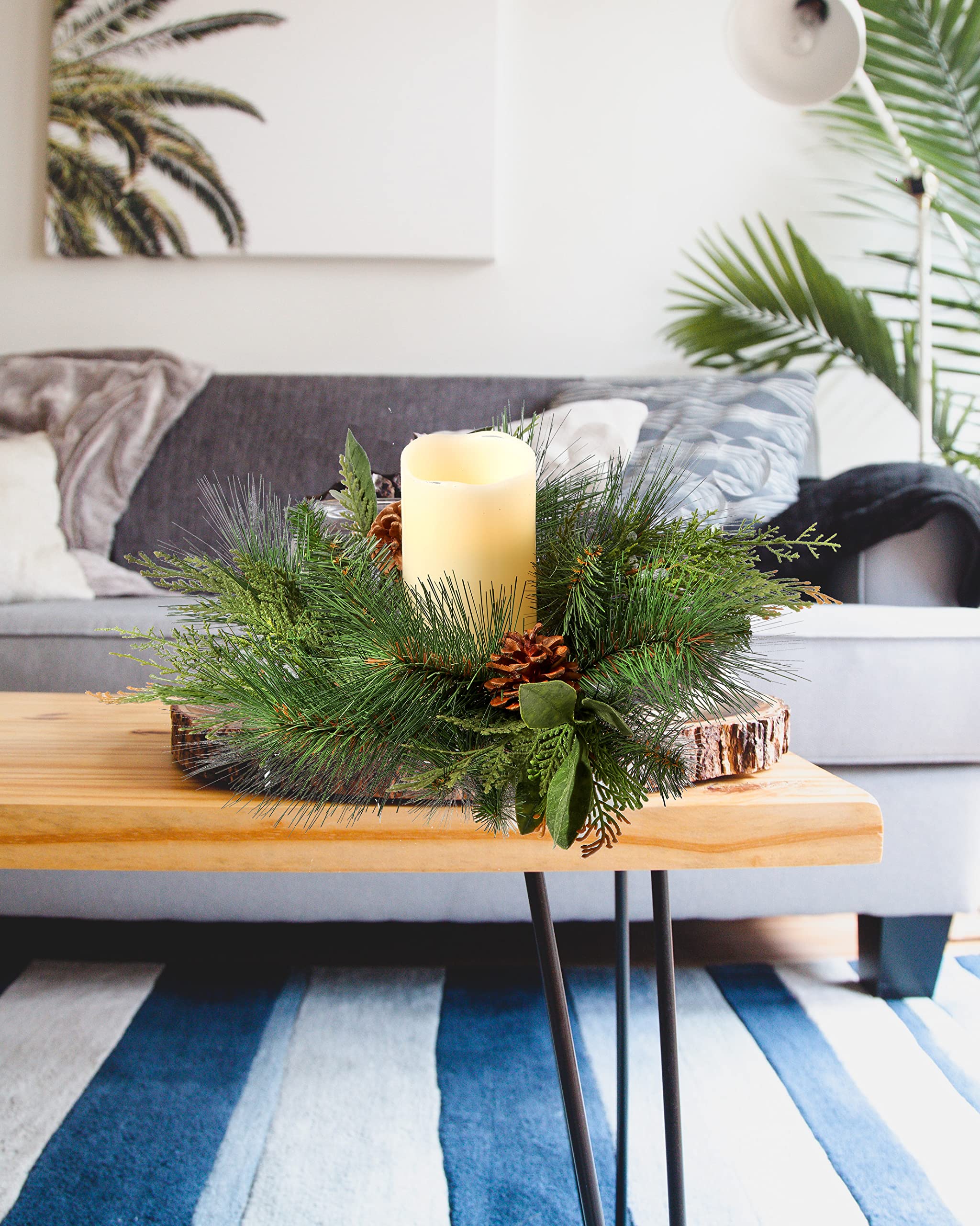 12 Inch Artificial Juniper and Cedar Christmas Candle Ring with Bay Leaves and Pine Cones for Pillar Candles
