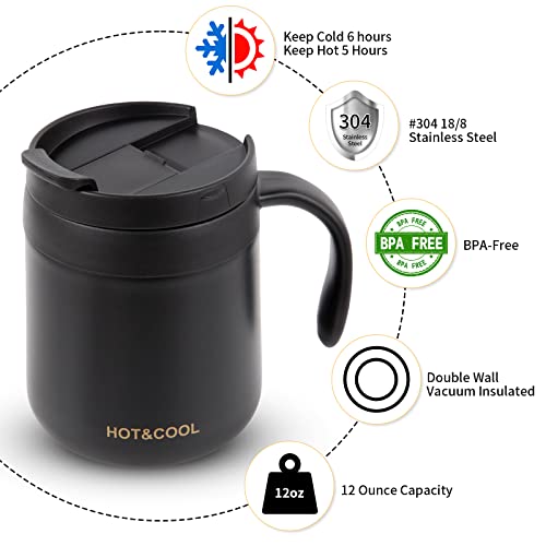 12oz/18oz Insulated Coffee Mug with Handle and Lid, Double Wall Vacuum Stainless Steel Coffee Travel Mug, Tumbler Cup,Reusable and Durable Travel Coffee Cup Thermal Cup, Black 12oz