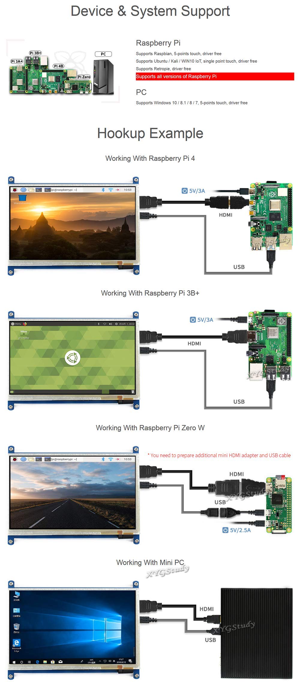 7 inch 800×480 Capacitive Touch Screen HDMI Interface Custom Raspbian LCD Monitor Mini PC Supports Raspberry Pi 4 3 2 1 Model B B+ A+ & BeagleBone Black & Banana Pi/Banana Pro @XYGStudy