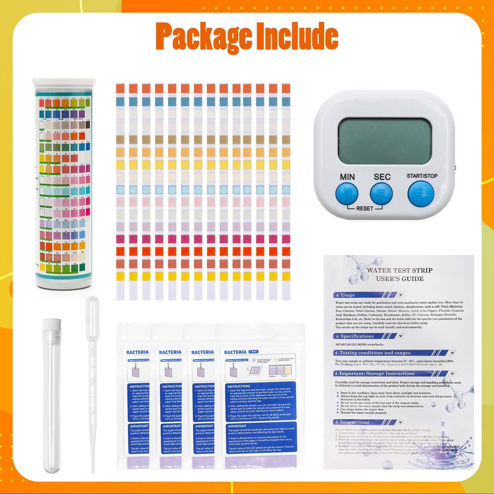 125+8P Drinking Water Testing Kit for Home, Anglekai Water Testing Kit with 125P Testing Strips/ 4P Bacteria Tests/Tube/Dropper/Timer/Instruction, Well Water Test Kit for Home Water Quality Test