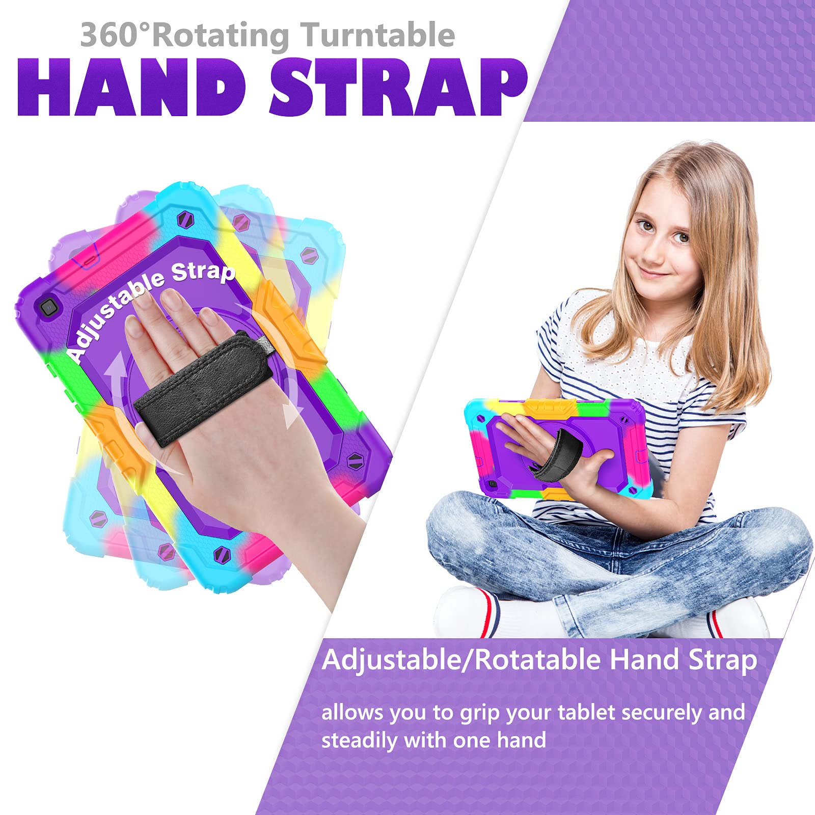 ausleben 2019 Case for Samsung Galaxy Tab A 8.0 inch case 2019,SM-T290/SM-T295.Full Body Protection Case with Built-in Screen Protector Pen Holder [360 Rotating Hand Strap] for T290 (Colourful)
