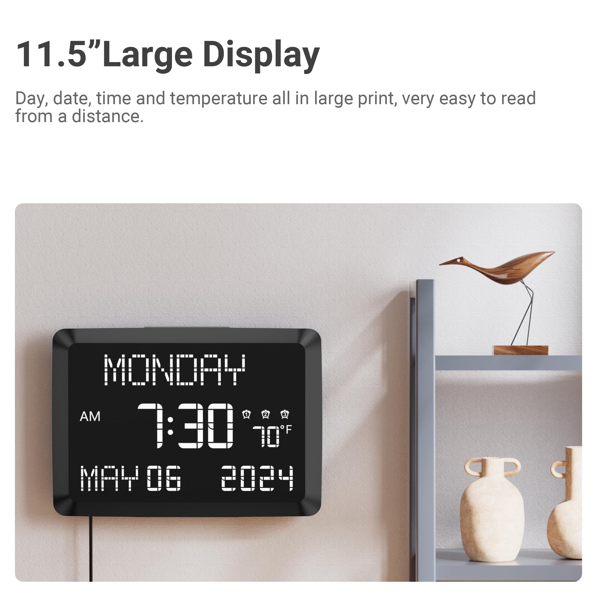 11.5โ Digital Wall Clock with Date,Time,Week,Indoor Temperature,3 Alarms,5 Dimmer,2 USB Chargers,Battery Backup,Snooze,12/24H for Elderly,Parents,Impaired Vision,Dementia,Memory Loss,Office,Bedroom