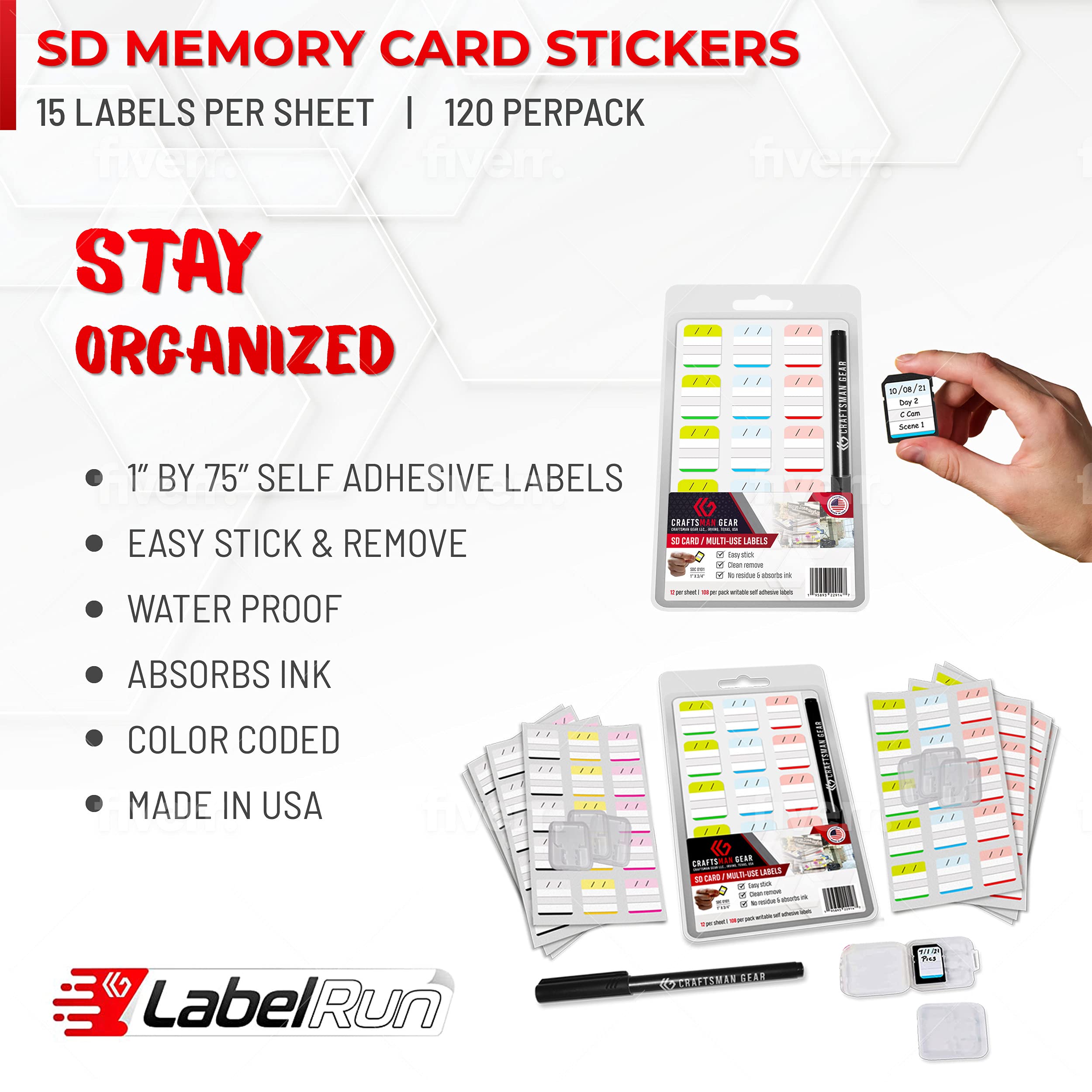 CGI Color (6) Coded Self Adhesive 120 SD Card Labels, 6 Cases, Felt Pen & Container Made in USA Removable Smudge Residue Free Writable Water Fade Resistant Stickers to Organize Memory Cards