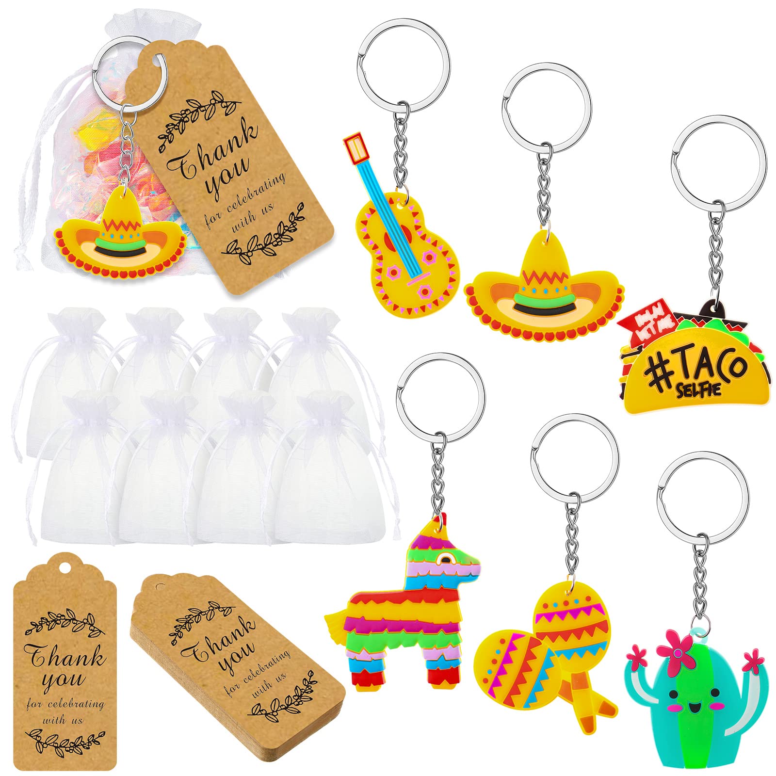108 Pcs Mexican Keychain Fiesta Party Favors Baby Shower Return Favors Thank You Handwritten Font Tags Cinco De Mayo Party Gifts Cactus Keychain Organza Bag for Birthday Baby Shower Party Supplies