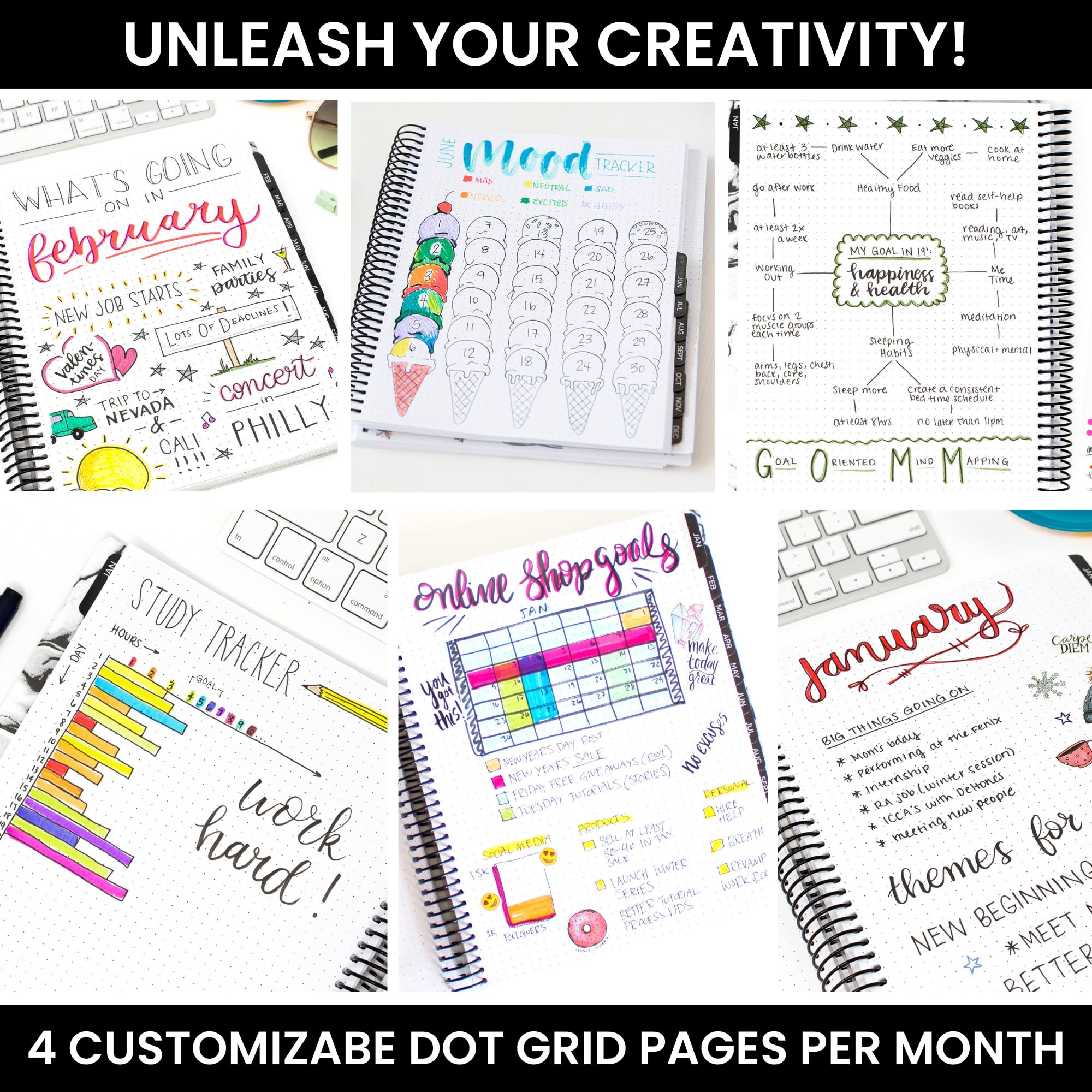 bloom daily planners Undated Dot Journaling Calendar Planner - Essential Weekly/Monthly Grid Style Agenda Book (7" x 9") - V2