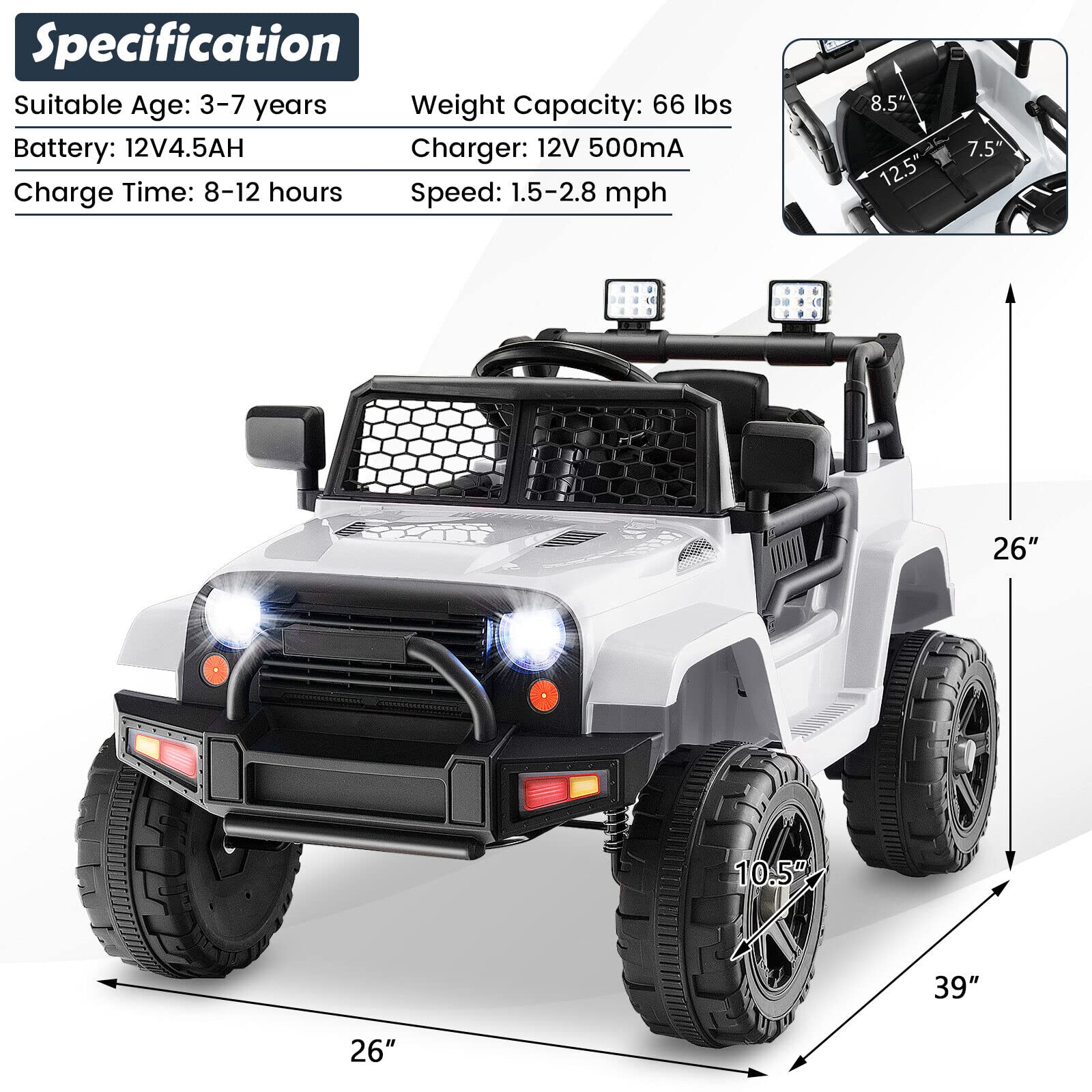 12V Electric Ride On Car for Kids with Remote Control, Storage, LED Lights, MP3 - Costzon