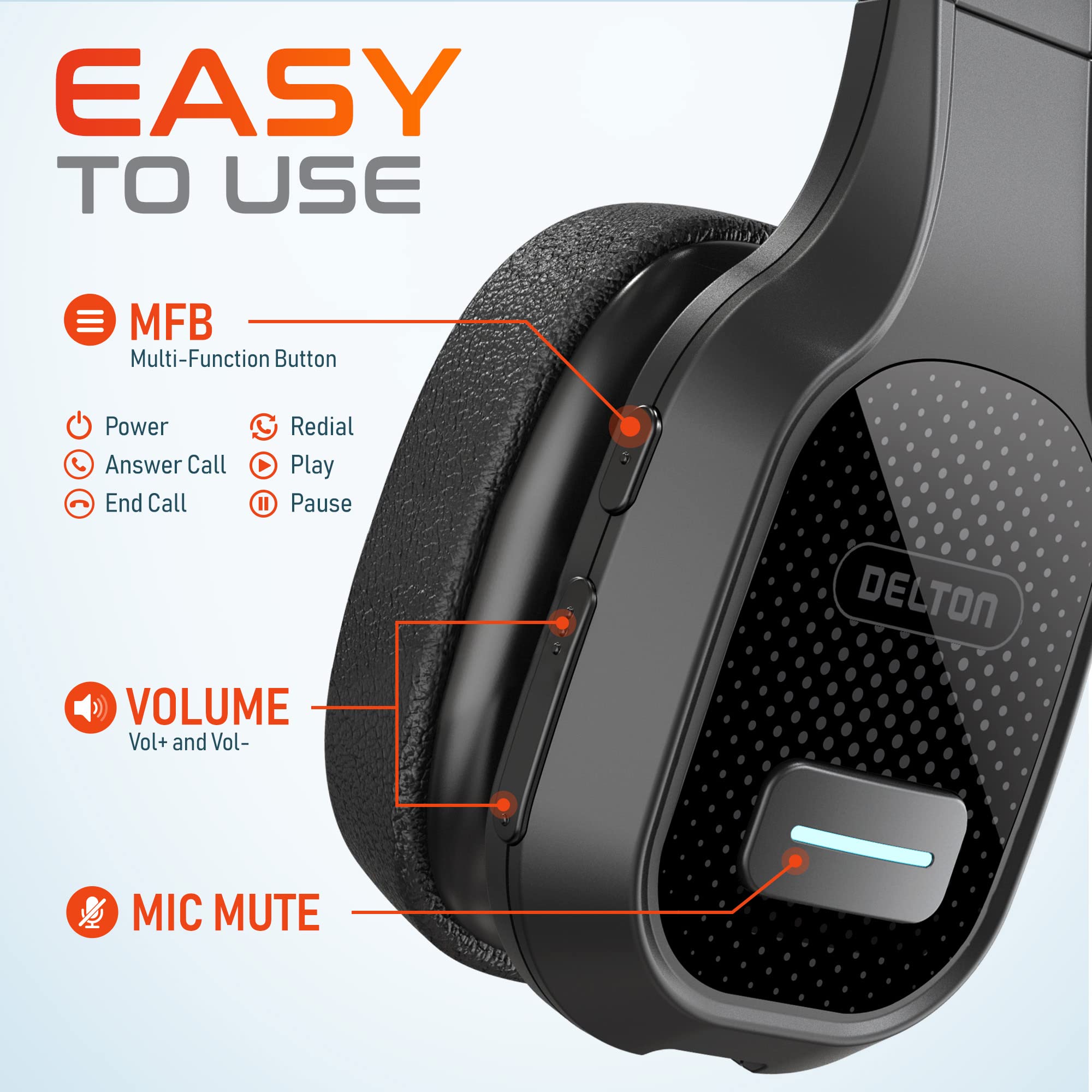 Delton Wireless Computer Headset, Trucker Bluetooth Headset with Noise Canceling Microphone, 35Hrs Talk time, Wireless Headset for Computer, Cell Phone, Drivers, Office, Call Center Work - Black