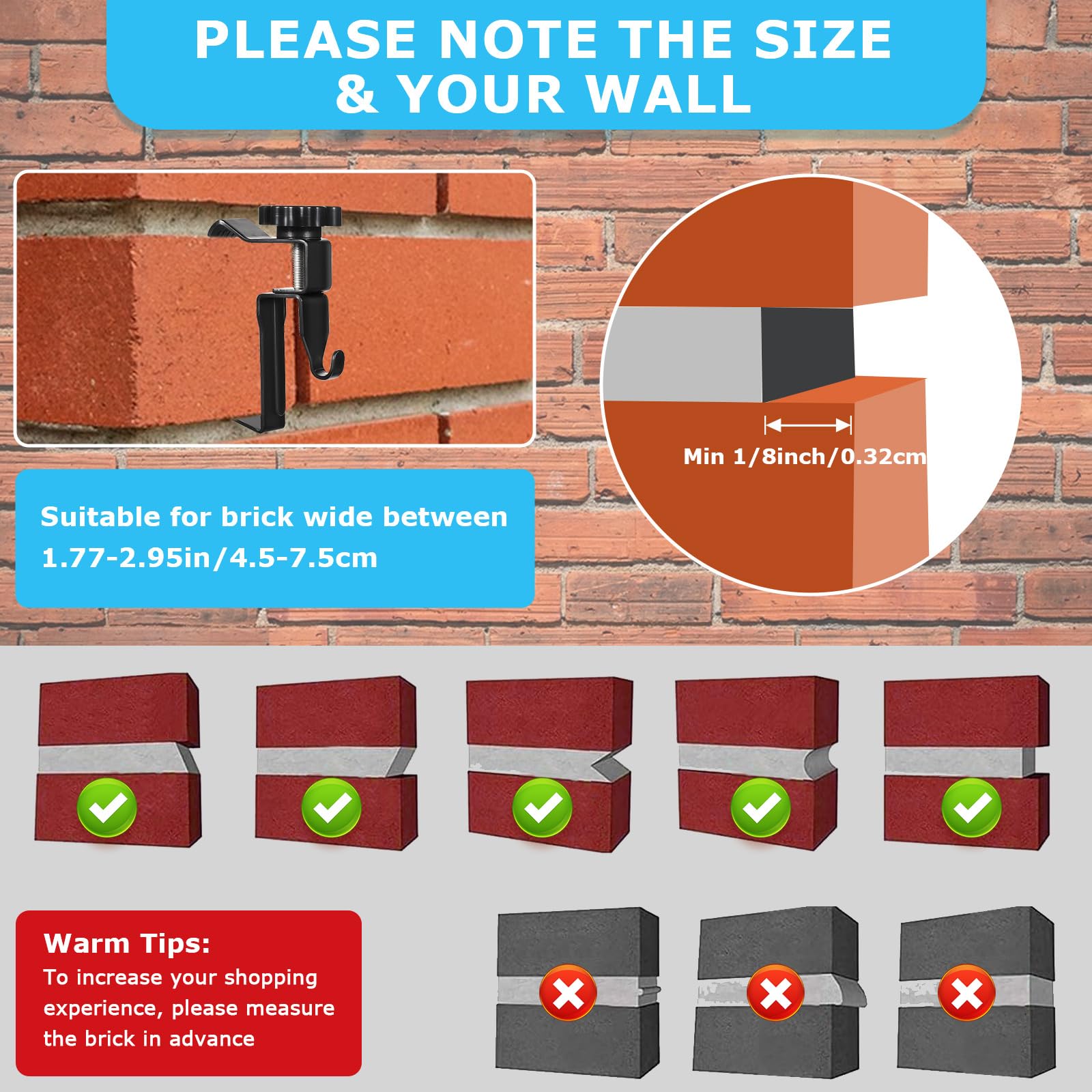 10 Pcs Brick Wall Clips, Stainless Steel Brick Hooks Clamps, Brick Hangers Clips for Hanging Outdoor, 1.77-2.95 Inches Adjustable Brick Hangers Clamps, Brick Hook Brick Hangers No Drill