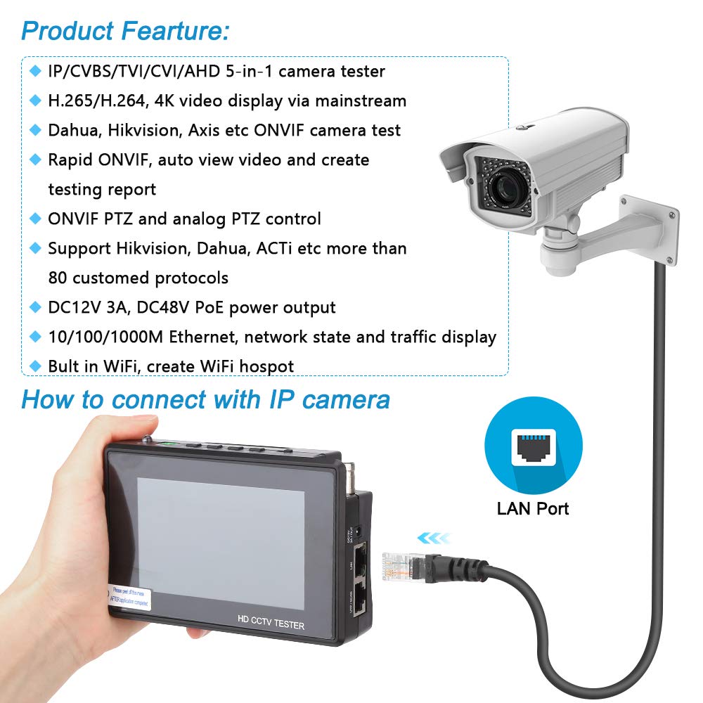 WSDCAM CCTV Tester with Wire Tracker, 4 Inch Portable Wrist IP Camera Tester CCTV Tester 4K H.265 IP CVBS CVI TVI AHD Analog Camera Tester with POE/IP Discovery/Camera Test Report