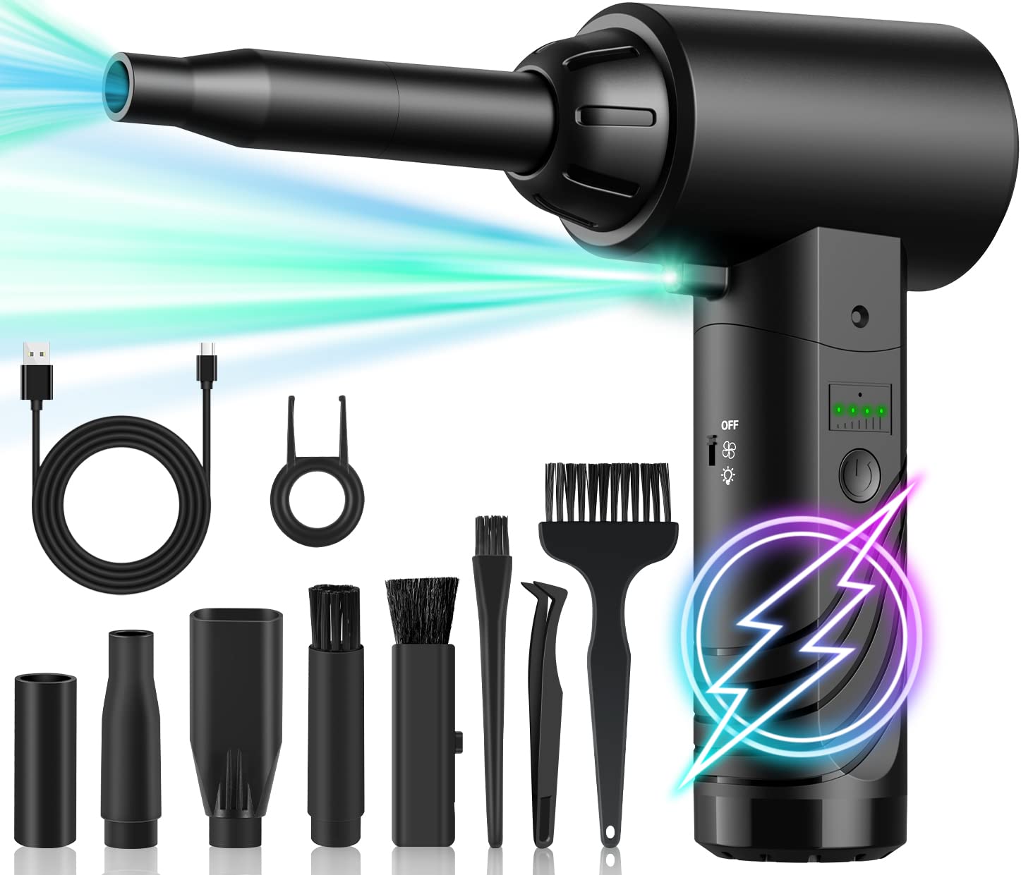 120000RPM Electric Compressed Air Duster & Cordless Vacuum Cleaner 2 in 1 with 7800mAh Rechargeable Battery, Air Duster Can with 3 Gear & LED Light for Home Car PC Computer Keyboard (9 Accesory)