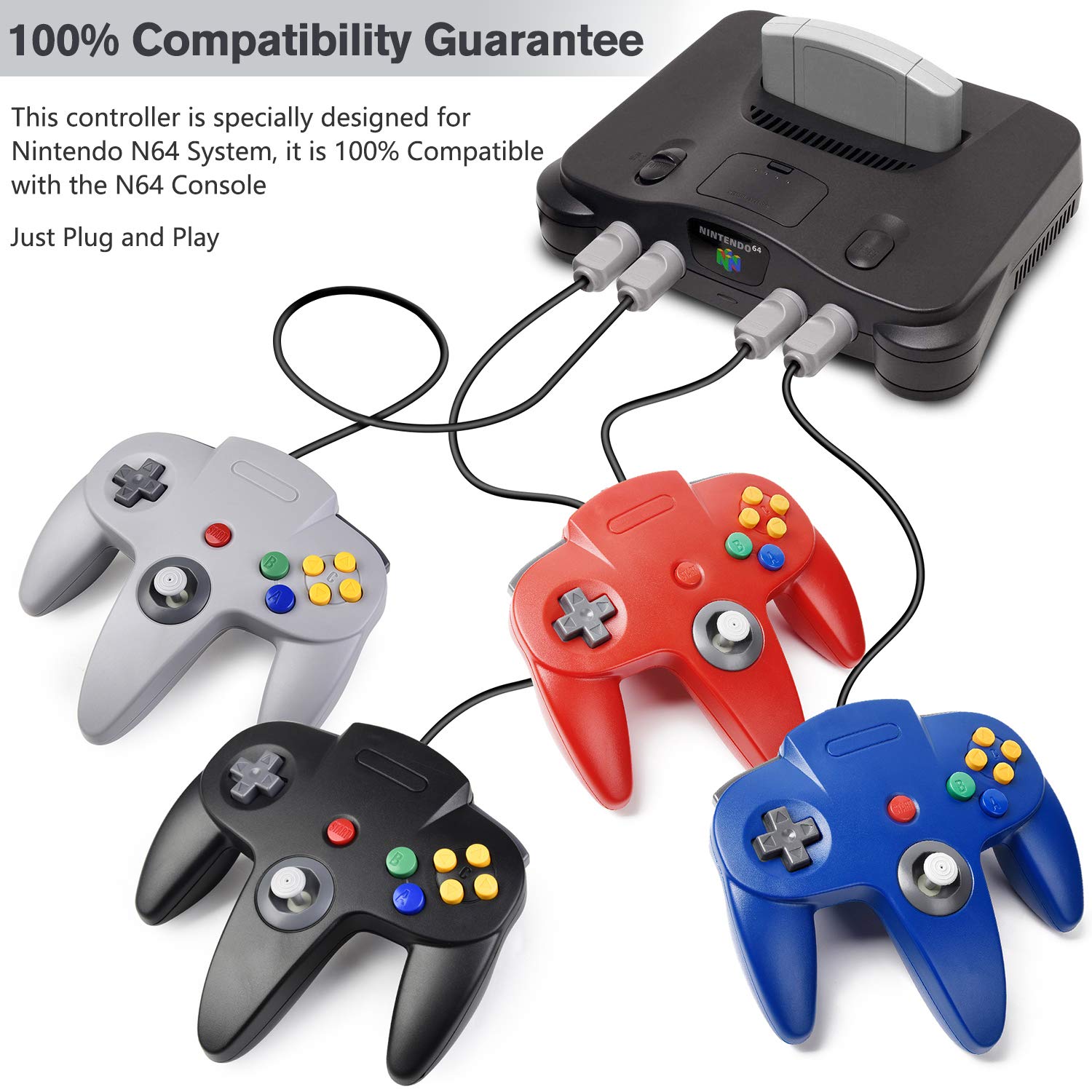 4 Pack Classic 64 Controller, suily Game pad Joystick for 64 - Plug & Play (Non PC USB Version) (Black/Gray/Red/Blue)