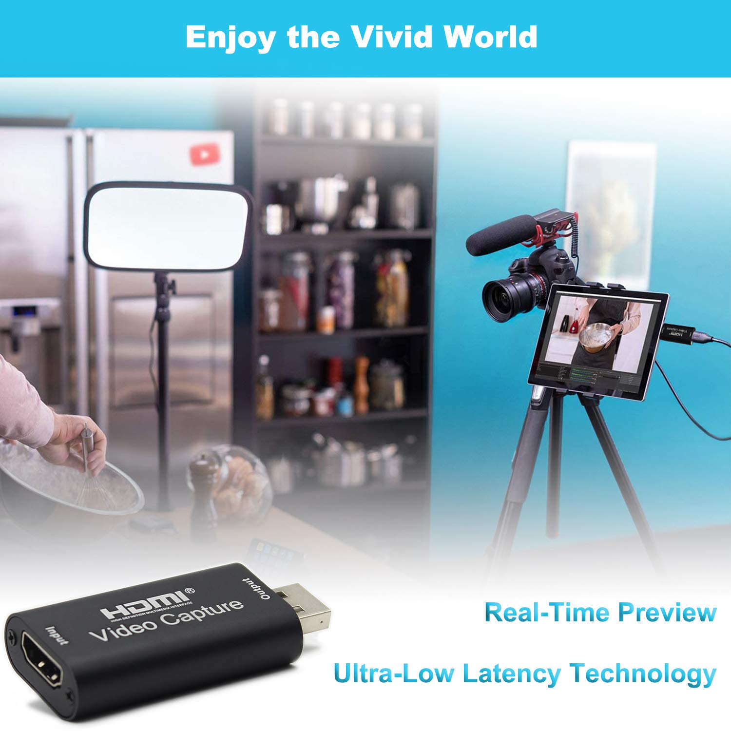 BlueAVS HDMI to USB Video Capture Card 1080P for Live Video Streaming Record via DSLR Camcorder Action Cam (Black)