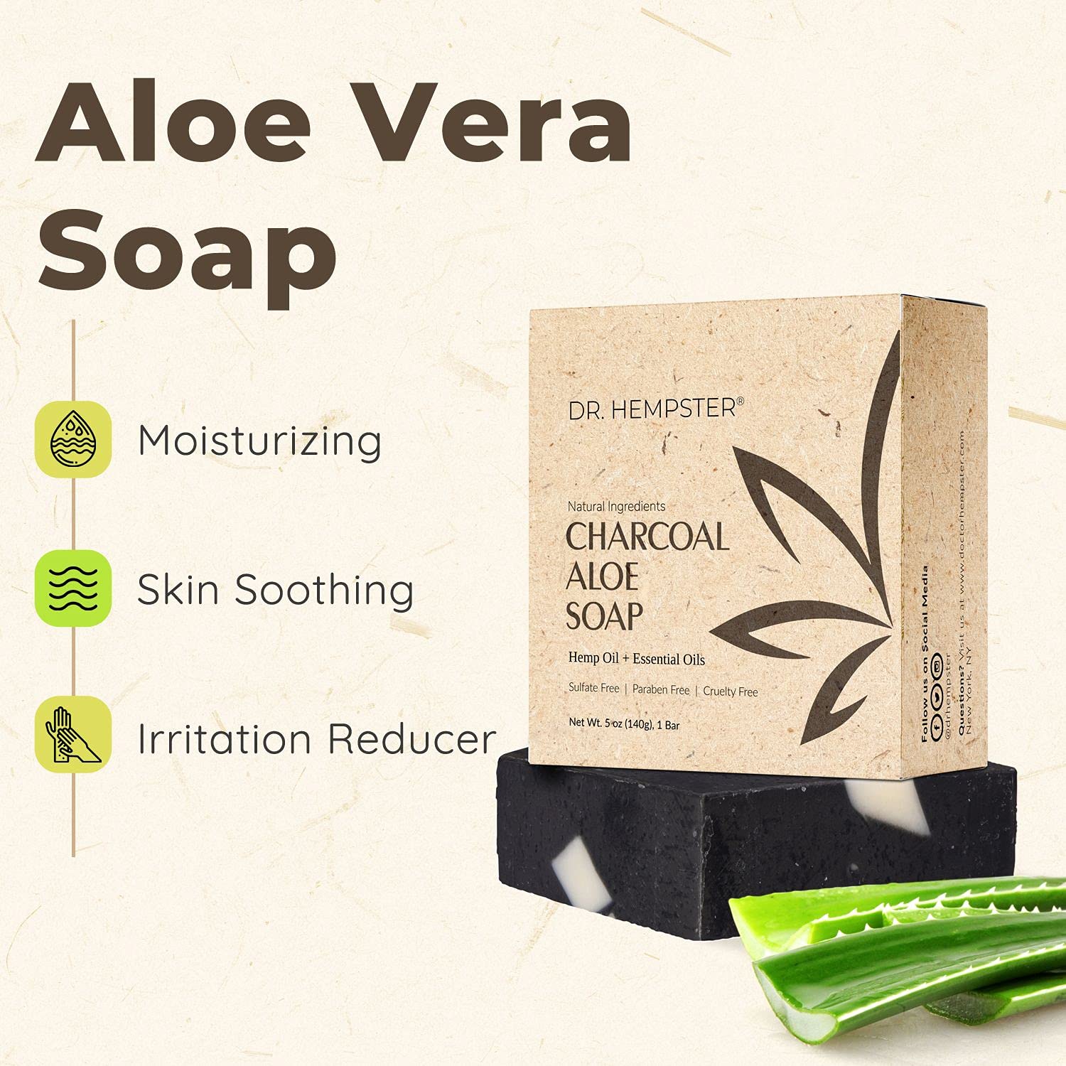 DR. HEMPSTER Hemp Soap Bar Variety 3 Pack - Activated Charcoal and Aloe Soap, Hemp and Mint Soap, Shea Butter and Citrus Soap - 5 oz Bars