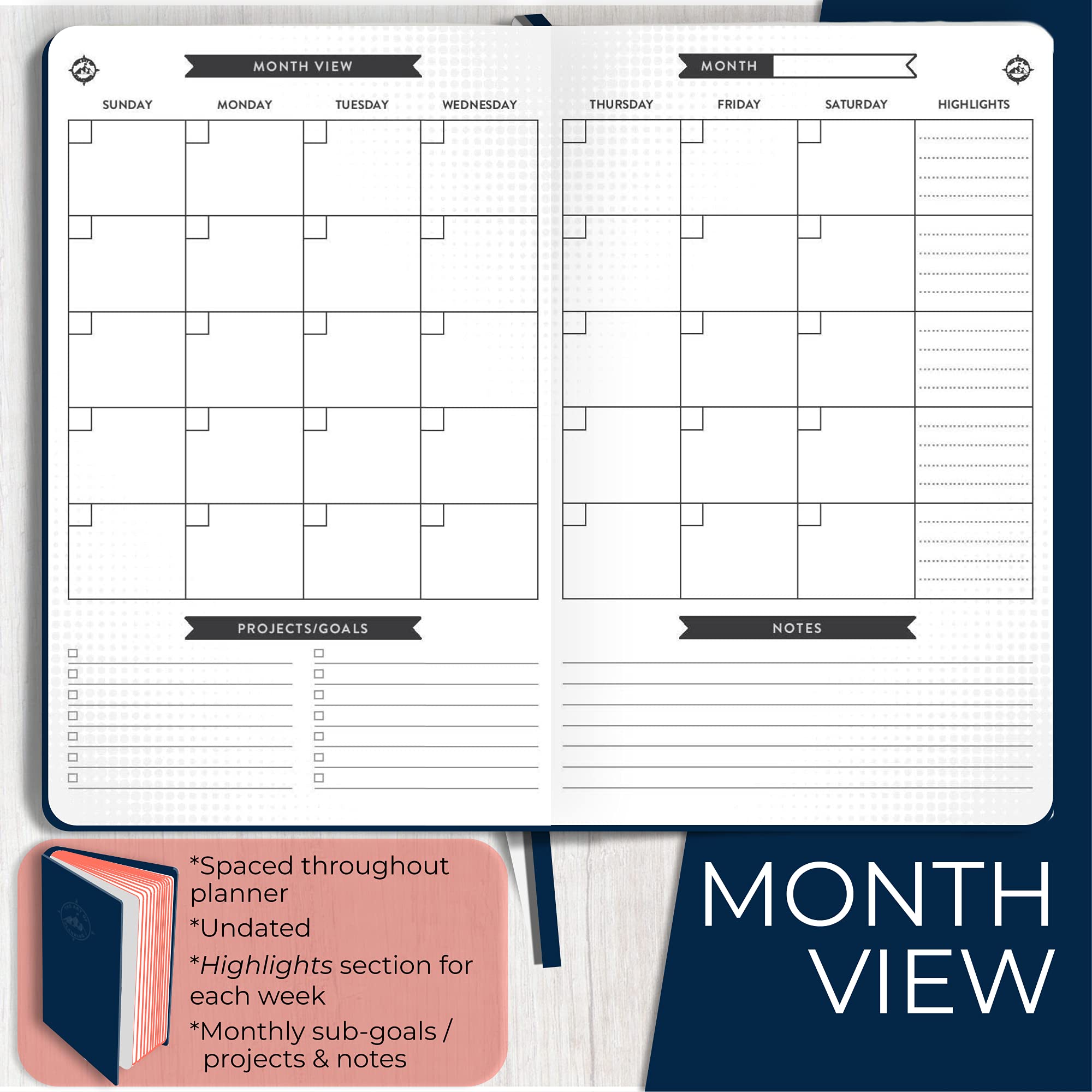 12 Month Planner with Time Slots | Undated Week and Month Spreads | 2021 and 2022 Calendars Included | A5 5"x8" Hardcover | Month Tabs | Dotted Notes