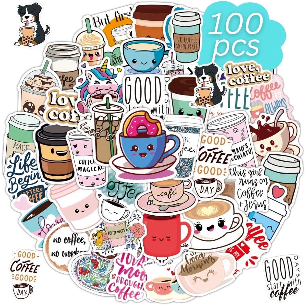100pcs Kawaii Coffee Stickers, Cute Stickers Coffee Cups, Chromebook Stickers, Vinyl Decals Cups, Café Stickers for Teens (Stickers for Kids, Teens, Adults)