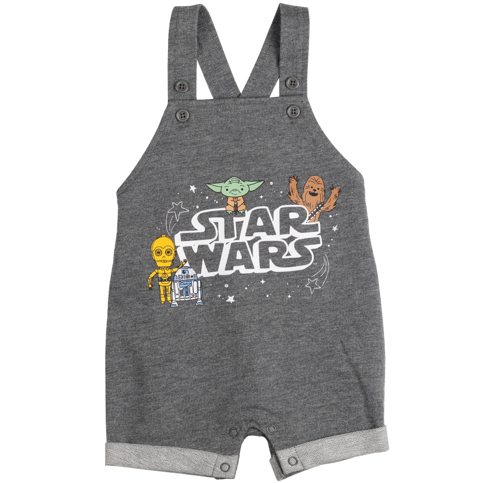 STAR WARS R2-D2 Yoda Chewbacca Newborn Baby Boys Short Overalls Graphic T-Shirt and Hat 3 Piece Outfit Set Grey 3-6 Months