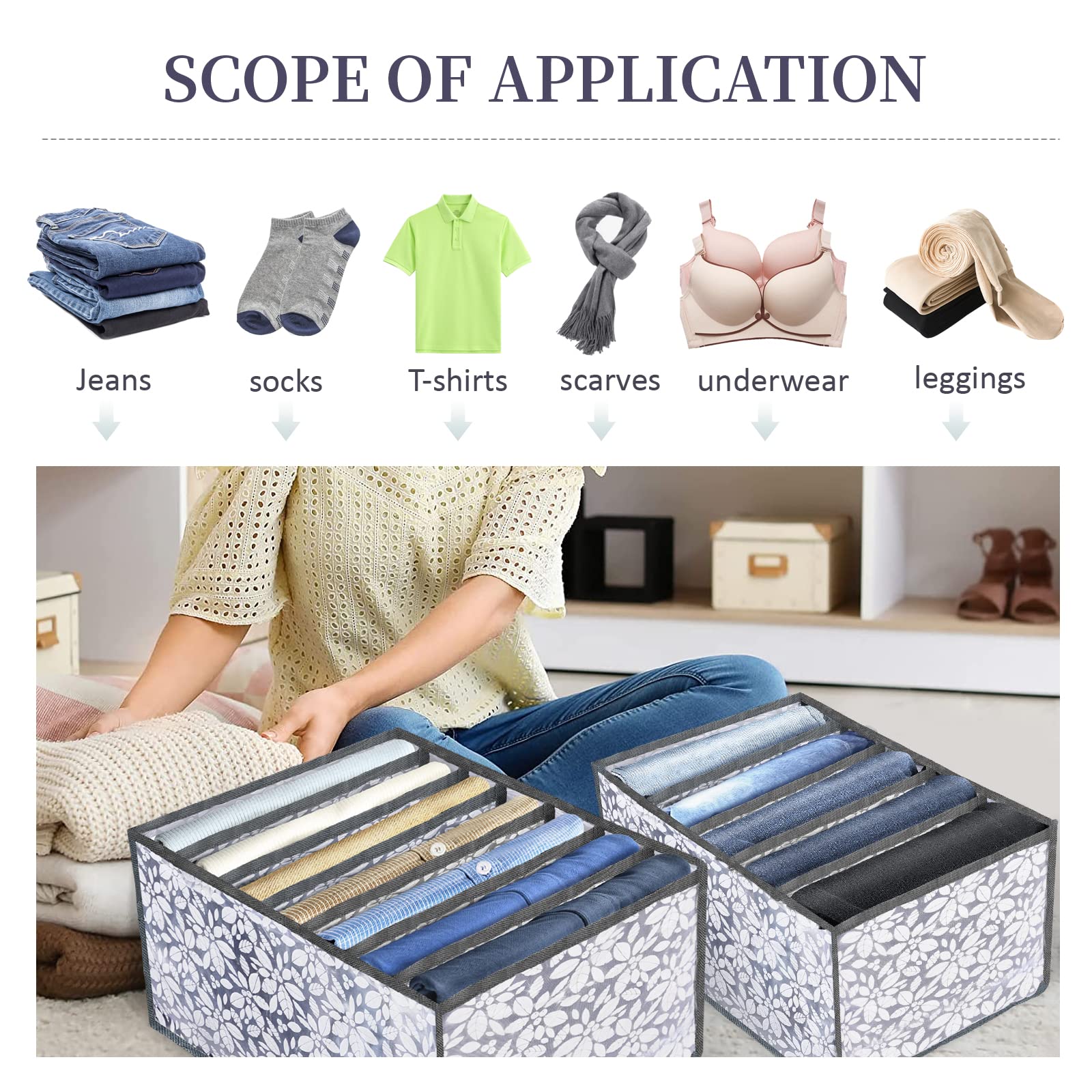 2PCS Wardrobe Clothes Organizer for Folded Clothes, Mesh Drawer Dividers and Storage, Drawer Organizer for Clothes, Jeans, Leggings, Skirts, T-shirts, Sweaters, Socks, Scarves(Large 7Girds)