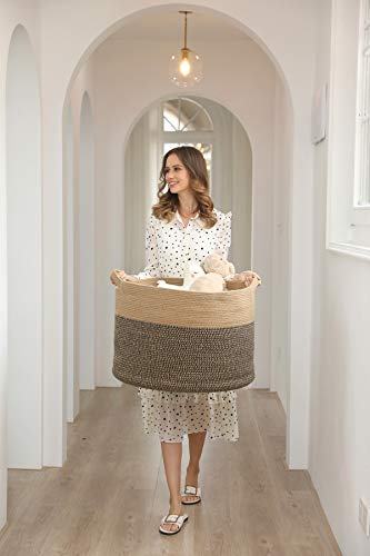 24" x 24" x 17" Max Size Large Cotton Rope Basket, Extra Large Storage Basket, Woven Laundry Hamper, Toy Storage Bin, for Blankets Clothes Toys Pillows in Living Room, Baby Nursery, Jute/Black Mix